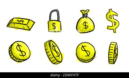 Hand drawn yellow business dollar symbols. 2d money illustration with ...