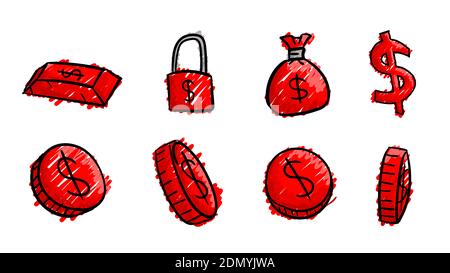 Hand drawn red business dollar symbols. 2d money illustration with ...