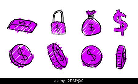 Hand drawn violet business dollar symbols. 2d money illustration with ...