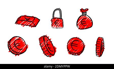 Hand drawn red business euro symbols. 2d money illustration with doodle ...