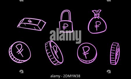Hand drawn violet business ruble symbols. 2d money illustration with ...