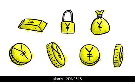 Hand drawn yellow business yen symbols. 2d money illustration with ...
