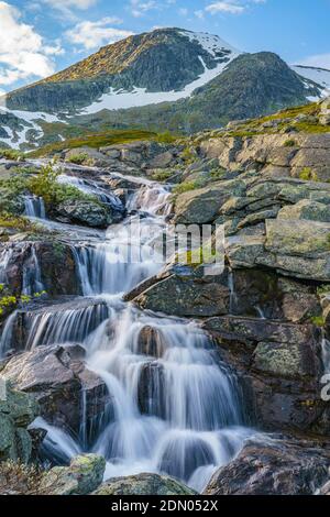 Waterfall in Stora sjöfallet national park with green birch trees and ...