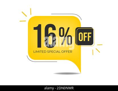 16% off. Yellow banner with sixteen percent discount on a black balloon ...