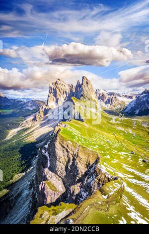 A vertical of the scenic Seceda mountain peak captured in winter in ...