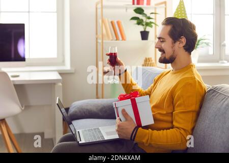 Anniversary party. Online greeting. Virtual friends. Two glasses of ...