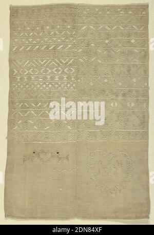 Sampler. Vertical rectangle of white linen divided into two colums by a ...