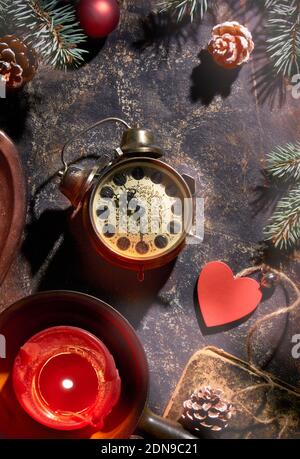 Vintage alarm clock on christmas background Stock Photo - Alamy