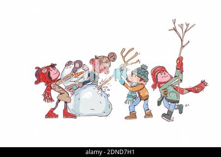 friend kids playing snowman together. Painting clipart isolated on ...