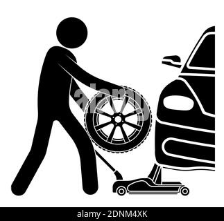 stick figure, workshop mechanic raised car on jack to change wheel ...