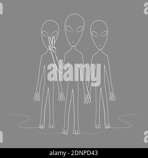 A group of aliens one of which shows the sign of peace. Isolated on ...