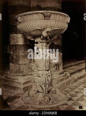 Holy water basin in Siena Cathedral. A pillar on the left, two figures ...