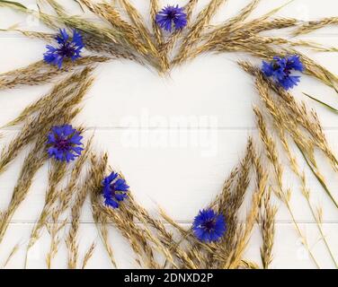 Spikelets and cornflowers on white wooden background. Flat lay. Copy ...