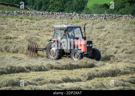 Farmer rowing up hay with an old Fergie tractor and acrobat Stock Photo ...