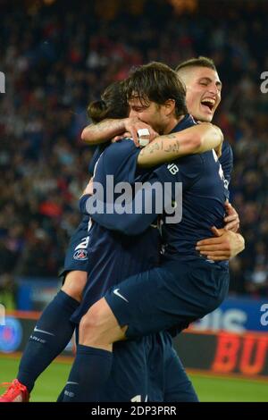 PSG's X battling Guingamp's Y during the French First League soccer ...