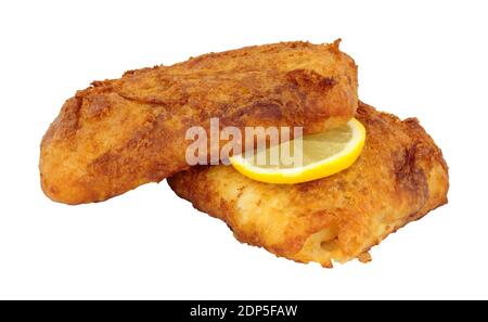 Two fried beer battered cod fish fillets isolated on a white background ...