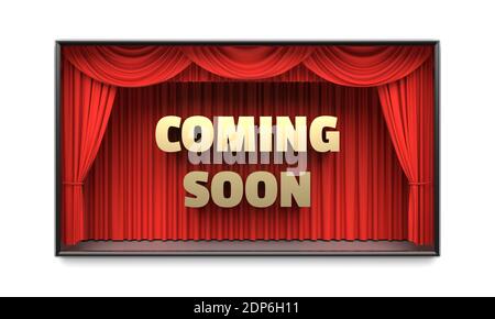 Coming Soon poster with red stage curtains 3D illustration Stock Photo ...