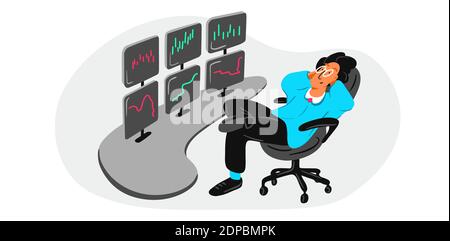Stock market trader looking at multiple computer screens with financial ...