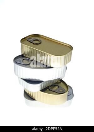 Different types of cans with prepared foods for consumption, vegetables ...