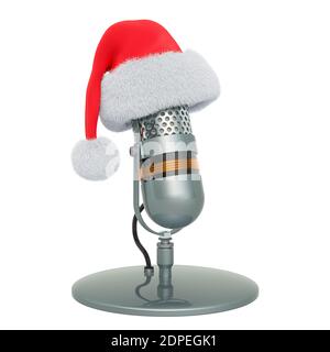 Vintage Microphone with Santa Claus Red Hat on a yellow background. 3d ...