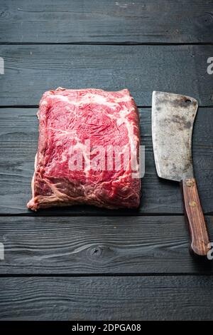 Veiny steak, marbled beef raw meat, on dark wooden background, top view ...
