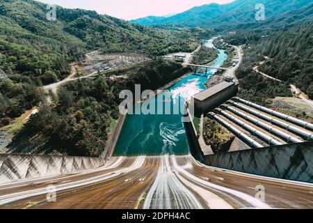 Aerial view of Shasta Lake, Shasta Dam, and Mt. Shasta, northern ...