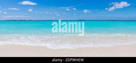 Sea sand sky concept. Sand on beach and blue summer sky, calmness and ...