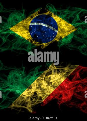 Brazil vs Congo, Congolese smoke flags placed side by side. Thick ...