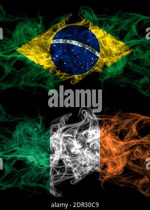 Brazil, Brazilian vs Ireland, Irish smoky mystic flags placed side by ...