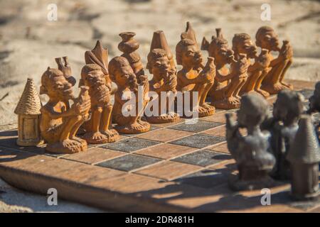 Hand carved African chess set made in Okavanga Delta Botswana Stock ...
