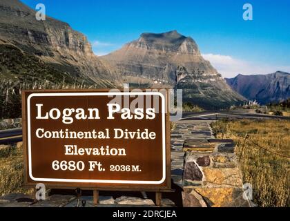 Logan Pass continental divide sign, Glacier National Park, Montana, USA ...