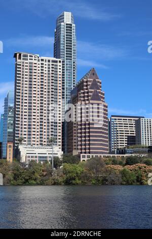 A vertical shot of across the Colorado River to the skyline of downtown ...