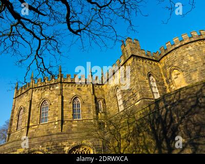 Lancaster Castle, Lancashire, UK. The Shire Hall displays the coats of ...