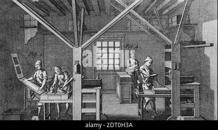 18th century wooden printing press with metal screw for relief printing ...