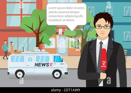 News truck and asian reporter with microphone in hand,flat vector ...