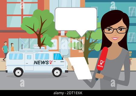 Cartoon illustration with tv truck for report design. Cartoon vector ...