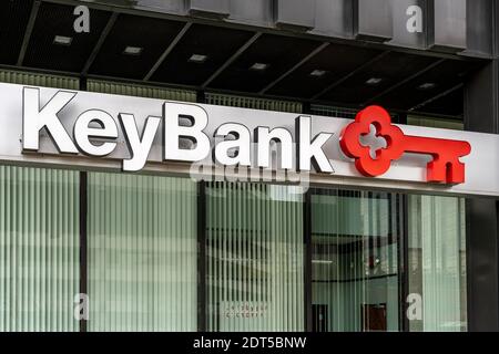 Closeup of KeyBank sign and logo on the building in Pittsburgh, USA ...