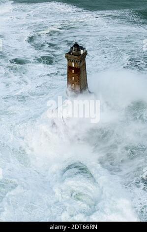 La Vieille lighthouse during heavy storm off Brittany, western France ...