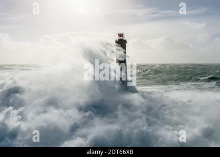 Nividic lighthouse during heavy storm off Brittany, western France on ...