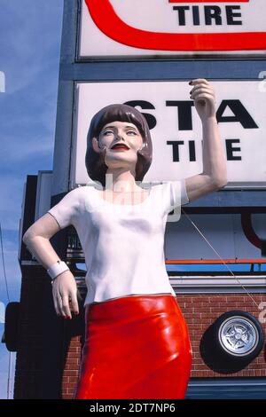 A photograph of the *Stan The Tire Man* statue located on Broadway in ...