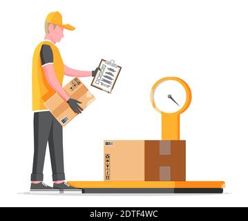 Weighing cardboard boxes with load on floor electronic scale. Warehouse ...