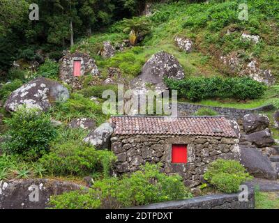 Traditional dry stone buildings. Sao Jorge Island, Azores, Portugal ...