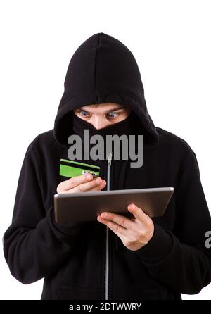 Hacker with a Tablet Computer and Bank Card on the White Background ...