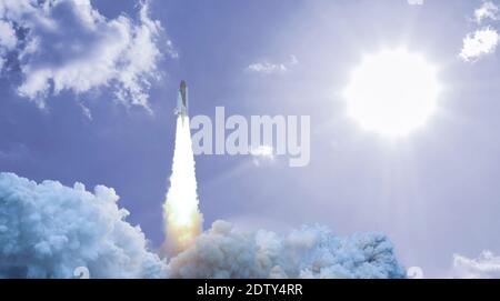 the spaceship rocket shuttle in the cloudy sky fly up high to the space ...