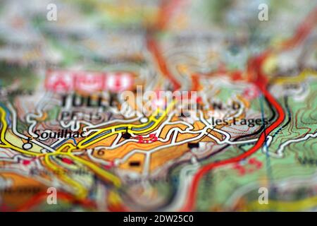 Figeac region, France - Topographic map view with low depth of field ...