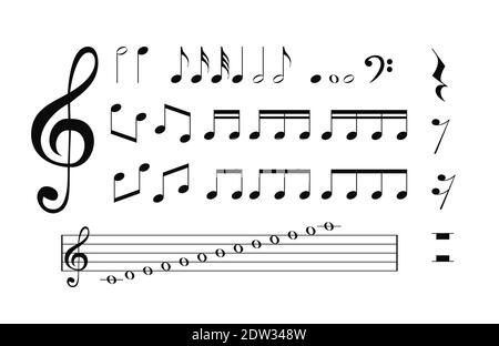 Vector illustration musical notes and pauses. Black music symbols ...