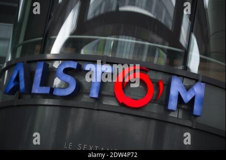 Logo on the headquarters of Alstom, a French multinational company ...