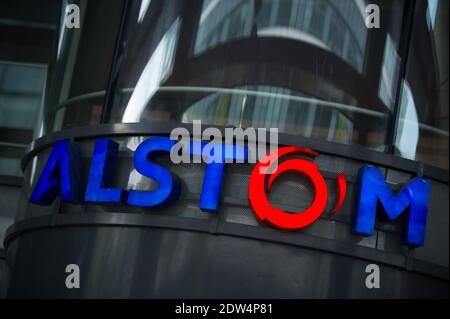 Logo on the headquarters of Alstom, a French multinational company ...
