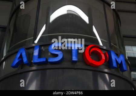 Logo on the headquarters of Alstom, a French multinational company ...