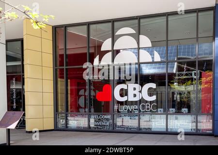CBC sign on the glass at the entrance to Canadian Broadcasting Centre ...